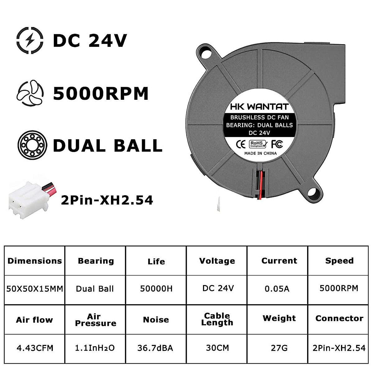 3Pcs HKWANTAT Dual Ball Bearings Brushless DC Cooling 50mm Blower Fan 24v 5015 50x50x15mm 2-Pin
