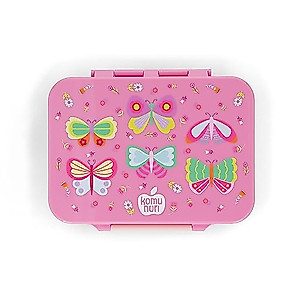 KOMUNURI LeakProof Bento Lunch Box for Kids, 4 or 5 Compartments, Microwave Safe, Dishwasher Safe, BPA Free, Lightweight, Kid Friendly Latch (True Pink - Butterflies & Flowers)