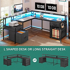 YITAHOME L Shaped Desk, 63" Reversible Computer Desk with 3 Drawers & Power Outlets, Corner Desk with LED Lights & Storage Cabinet, Long Home Office Desk, Black
