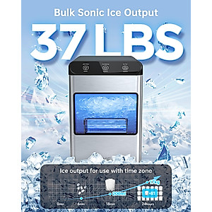 WIE Nugget Countertop Ice Maker, 37lbs/24H Soft Chewable Pebble Portable Ice Machine, One-Click Self-Cleaning Sonic Ice,for Home Kitchen Office, LED Night Light Ice Basket/Ice Scoop Stainless Steel