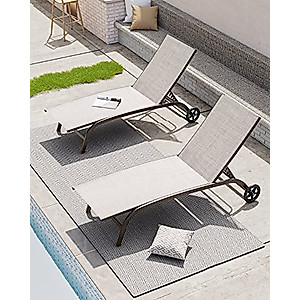 Crestlive Products Aluminum Chaise Lounge Chairs with Wheels Outdoor Adjustable Recliner Five-Position and Full Flat Tanning Chair All Weather for Patio, Beach, Yard, Pool (2PCS Beige)