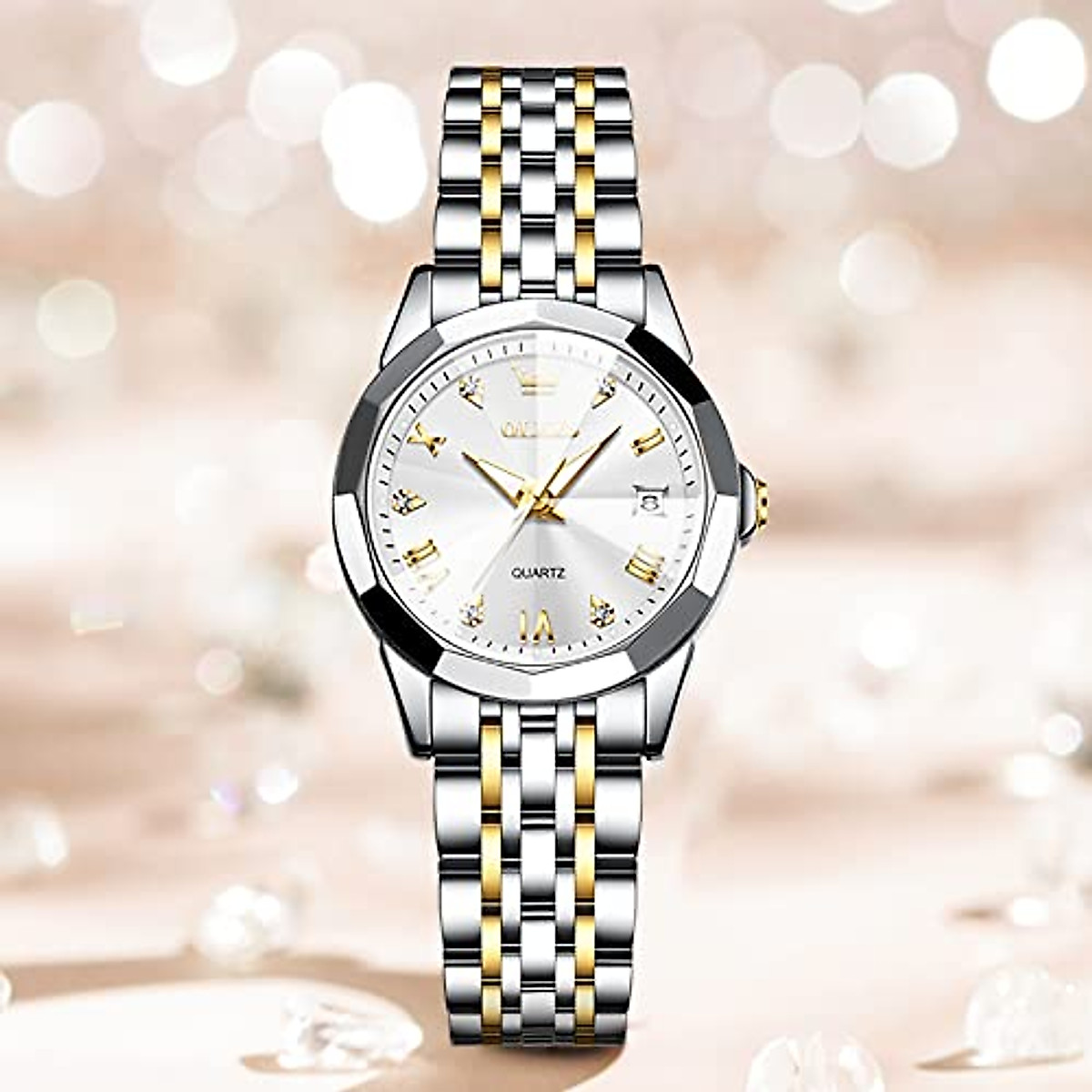 OLEVS Womens Watch Fashion Dress Diamond Female Watches for Ladies Analog Quartz Stainless Steel Waterproof Luminous Day Date Gold Silver Two Tone Wristwatch