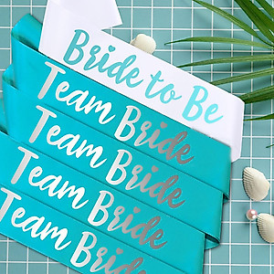GDTO8820 Team Bride 7pc Satin Sash Set - Sophisticated & Fun Party Favors for Bachelorette Party, Bridal Shower & Wedding Party (7pc Set, White & Light Blue)
