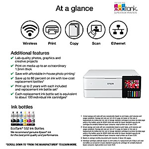 Epson EcoTank Photo ET-8500 Wireless Color All-in-One Supertank Printer, White - Print Scan Copy - 15 ppm, 5760 x 1440 dpi, 4.3" Touchscreen LCD, 30-Sheet ADF, Auto 2-Sided Printing, Ethernet