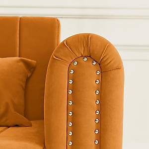 KIVENJAJA 82.3” Sleeper Sofa Bed Couch, Convertible 3-Seater Sofas with King Size Pull Out Sofabed, 3 in 1 Pullout Couches w/ 2 Drawers & Pillows for Living Room, Velvet, Orange