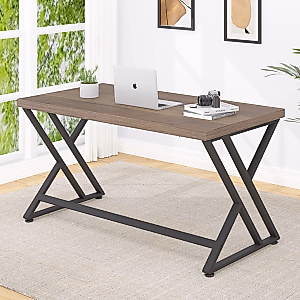 LVB Wood Computer Desk, Rustic Home Office Executive Desk for Bedroom, Industrial Wooden Computer Writing Study Work Gaming Table, Modern Metal PC Student Simple Desk with Storage, 55 Inch, Rustic Oak