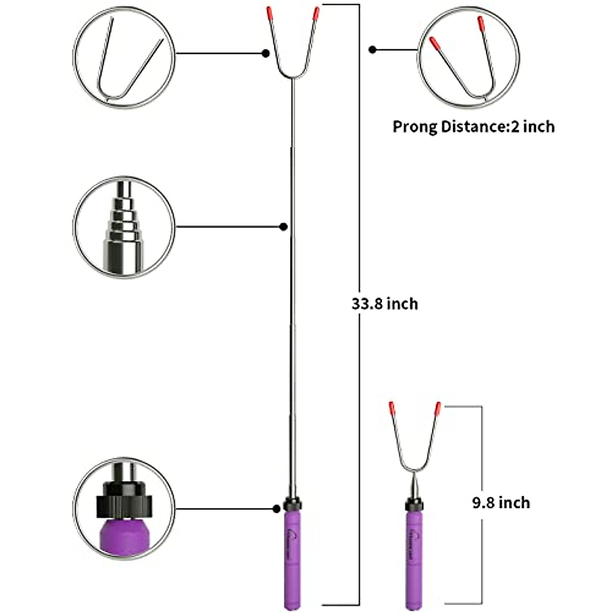 Aoocan Marshmallow Roasting Sticks for Hot Dog Set of 10 Smores Skewers 34 inch Telescoping Rotating Barbeque Forks for Campfire Outdoor Camping Kit for Fire Pit Premium Stainless Steel Fork