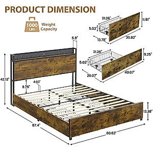 IDEALHOUSE Queen Bed Frame with Headboard, Metal Platform Bed Frame with 6 Storage Drawers, Queen Size Bed Frame with Charging Station & LED, Noise-Free, Wood Slats Support, No Box Spring Needed, Vint