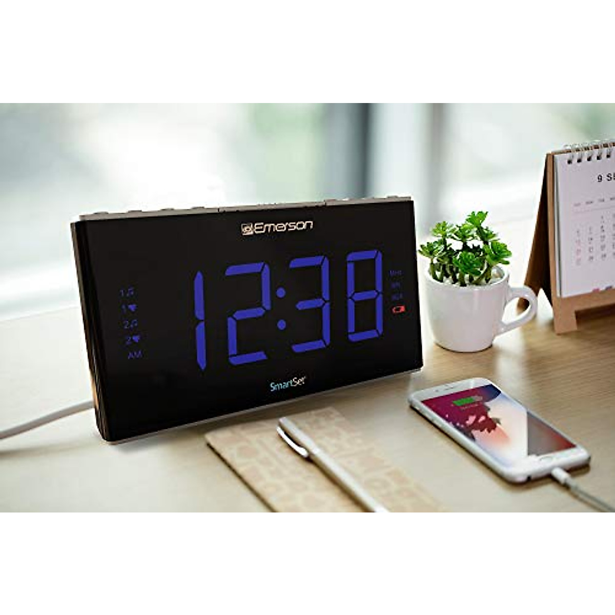 Emerson Smartset Sound Therapy Alarm Clock Radio with White Noise/Nature Sounds 1.8" LED Display Black/Blue, ER100105