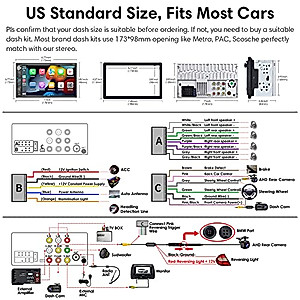 7" Double Din Car Stereo with Dash Cam, Supporting Carplay, Android Auto, Bluetooth, AHD Backup Camera, Full HD Touchscreen, Mirror Link, Subw, USB/TF/AUX, AM/FM Car Radio