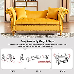Betoko Velvet Loveseat Sofas Couches with Storage Seat Flared Rolled Arm 2 Seater Sofa for Living Room Bedroom Button Tufted Small Couch with Solid Wood Legs (Yellow)