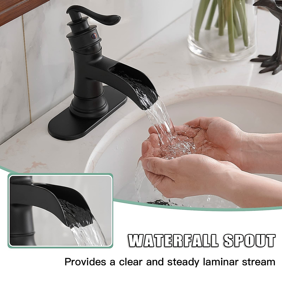 BWE Black Bathroom Faucet Matte Waterfall Sink Farmhouse Bath Vanity Single Hole Bundle with Kitchen Sink Faucet with Deck Plate Matte Black with Pull Down Sprayer 3 Spray Modes