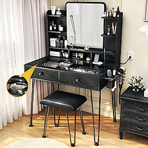 TC-HOMENY Makeup Desk Glass Top, Vanity Desk Dressing Table with Hair Tool Holder and Charging Station, 2 Drawers & Open Shelves Dresser Desk and Cushioned Stool Set