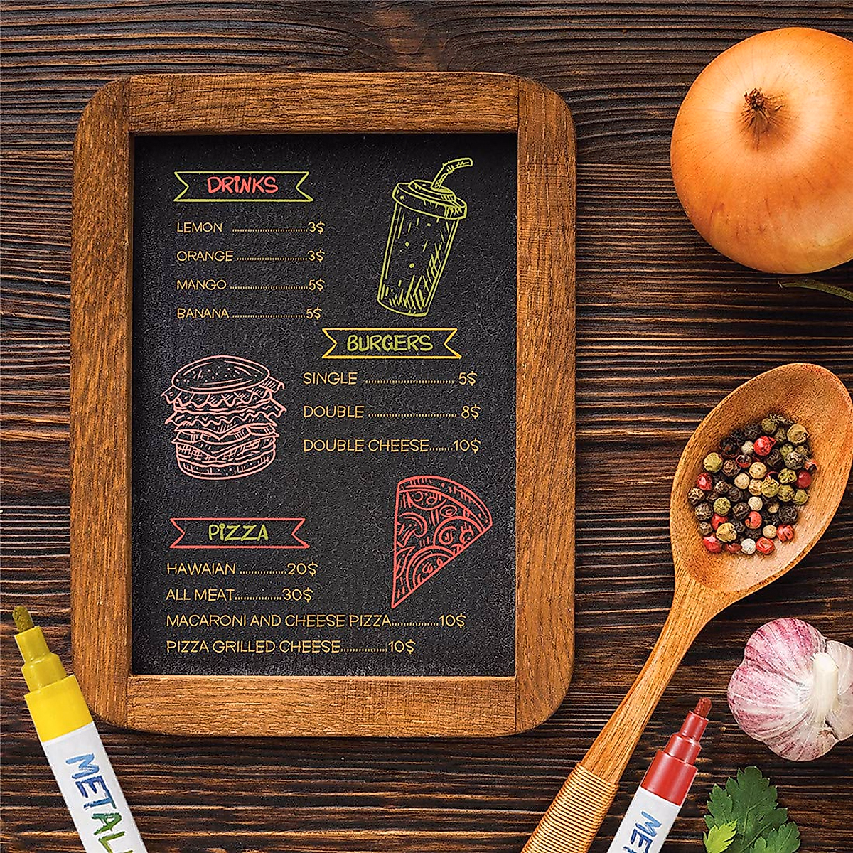 SOONPAM Liquid Chalk Markers Metallic Color Chalk Pens 6mm Bold Tip Erasable Liquid Chalk Pen for Blackboards Chalkboard Bistro Menu Window 8 Pack