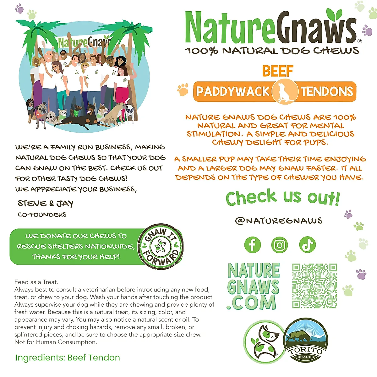 Nature Gnaws Beef Paddywack Tendons for Dogs 5-6" (10 Count) - Long Lasting for Aggressive Chewers - Natural Beef Dog Chew Bones - Rawhide Free