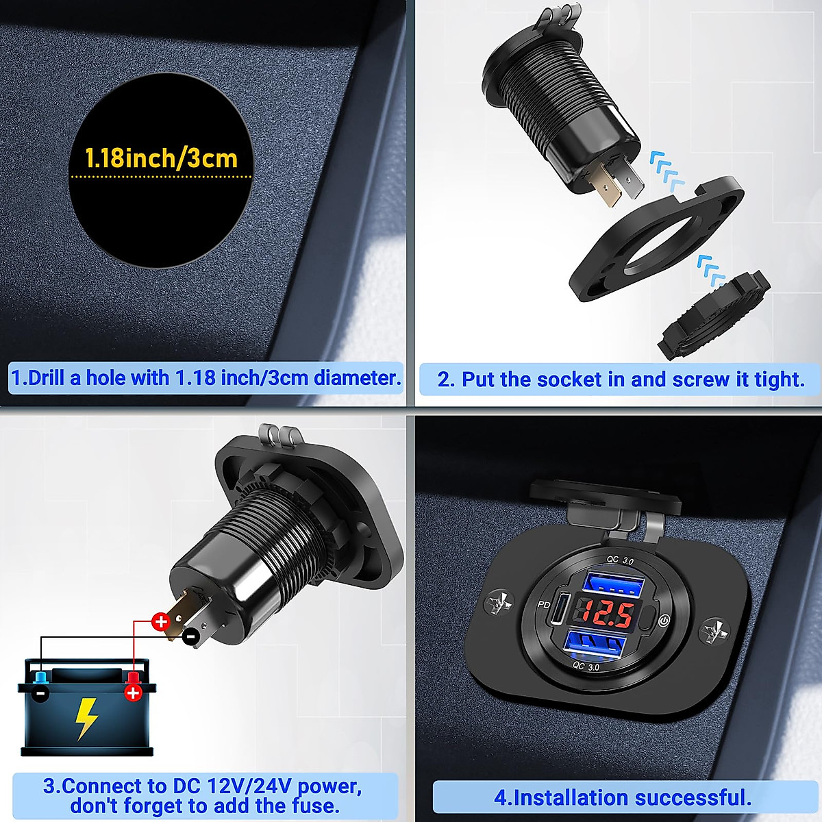 66W 12 Volt USB Outlet,Qidoe Dual Quick Charge 3.0 and PD 30W, USB 12V Power Outlet with Red Voltmeter and Switch, Waterproof Aluminum Socket for Car Accessories Boat USB Port Marine USB Outlet