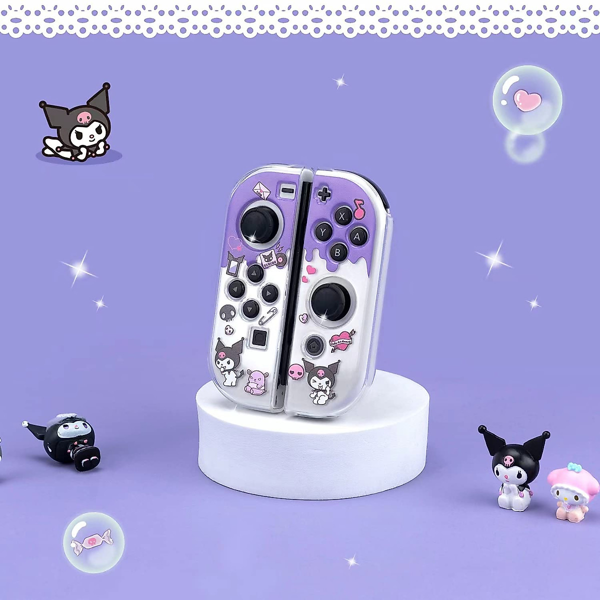 Eamily Cute Kuromi Case Compatible with Nintendo Switch, Dockable Case Cover, Ergonomic Soft TPU Grip Case for Joycon, Sparkle Skin Set