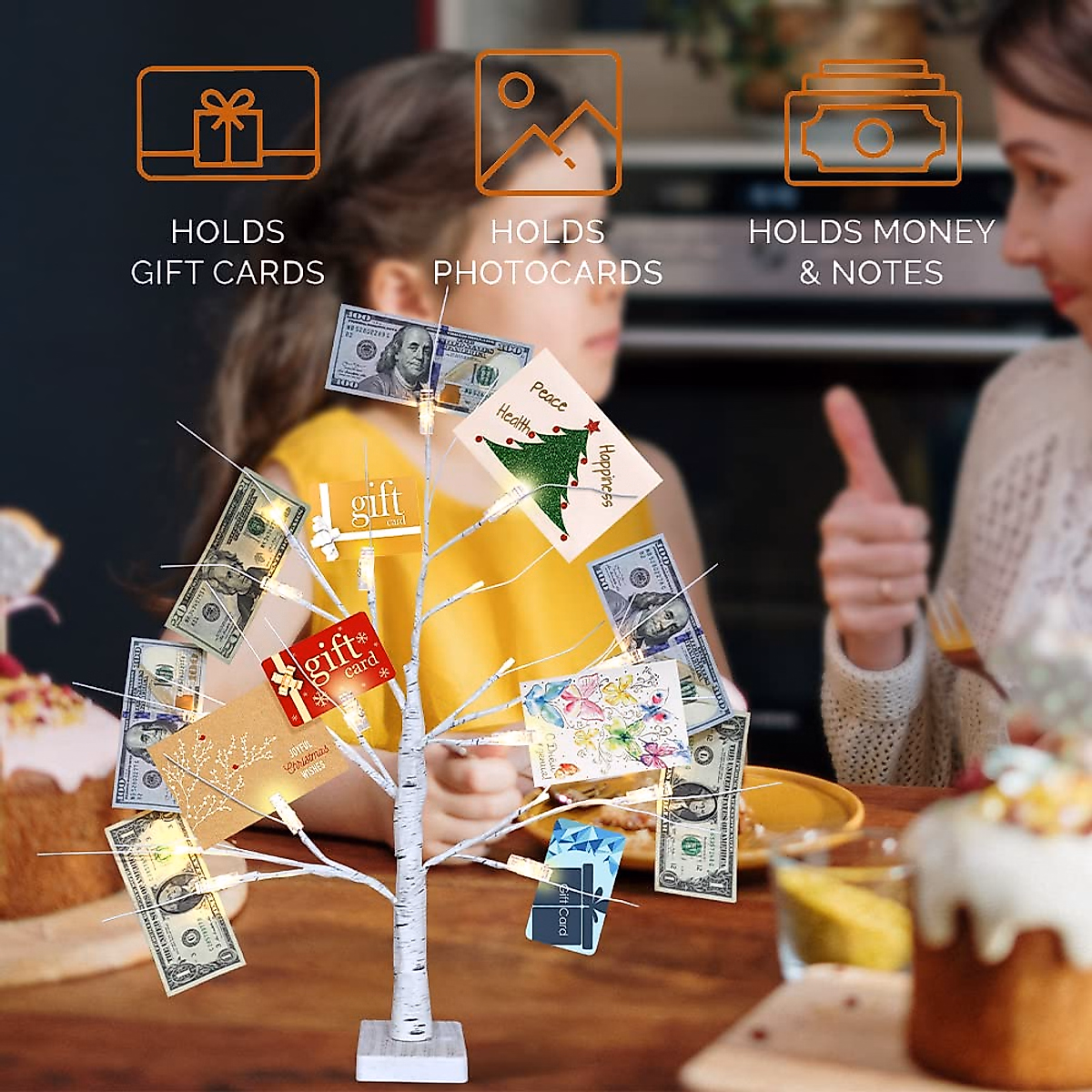 DECORKEY Money Tree Gift Holder, 24" 2FT Birch Tree with LED Lights, Battery Powered Timer Display Trees Stands with 12 Clear Clips Card, for Christmas, Birthday, Wedding, Photo, Graduation (White)