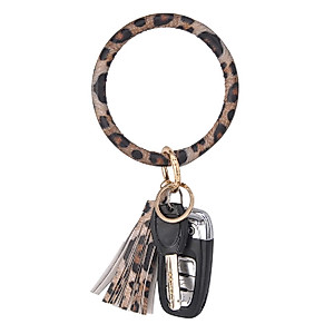 Coolcos Key Ring Bracelets Wristlet Keychain Bangle Keyring - Large Circle Leather Tassel Bracelet Holder For Women Gift (A Leopard)