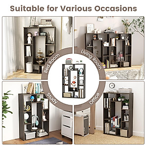 Tangkula 35.5” Geometric Bookshelf, Freestanding Wood Open Bookcase with 7 Cubes, Anti-Toppling Devices, Home Office Décor Rectangular Storage Shelf Display Rack for Study Living Room (1, Gray)