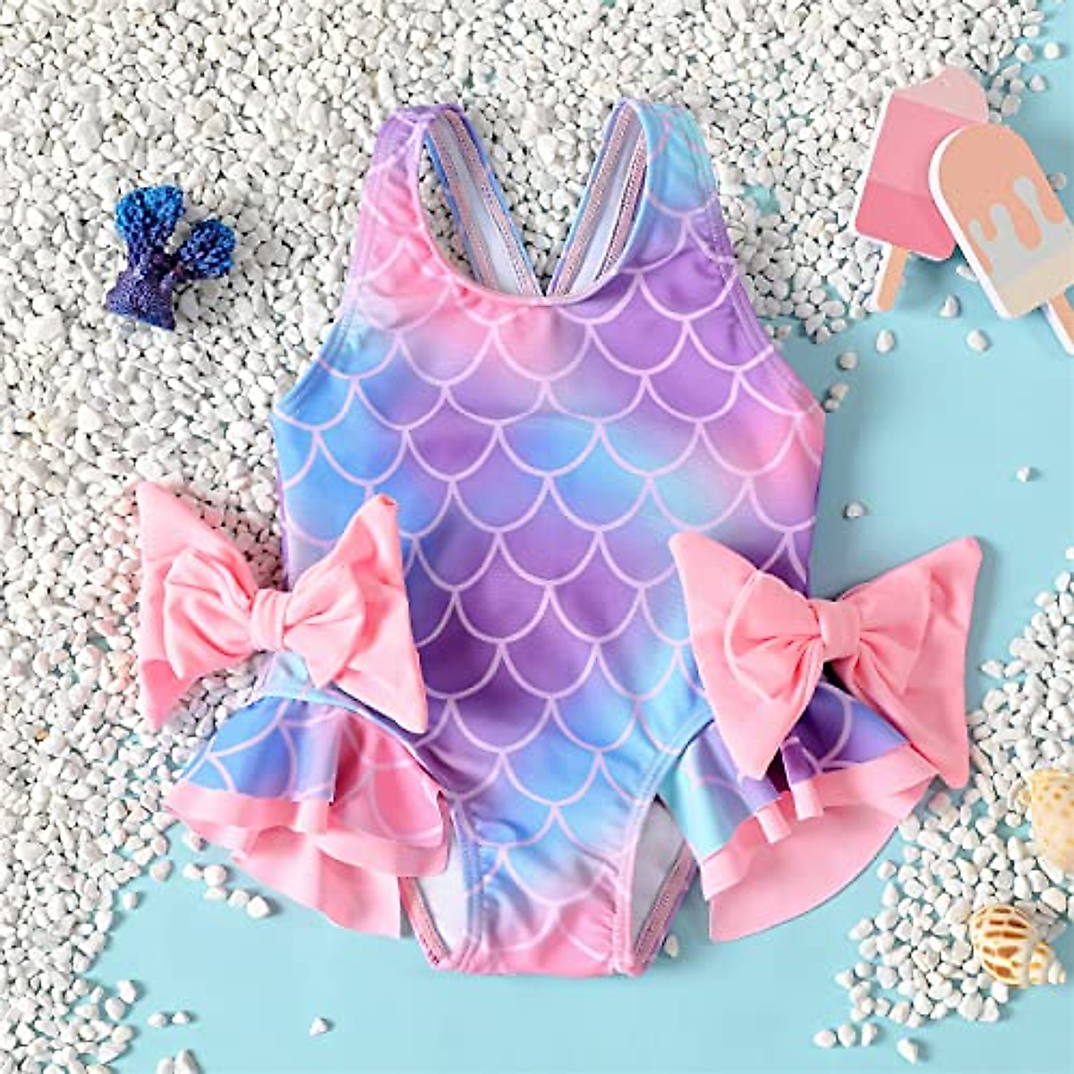 PATPAT Baby Girl Sleeveless Ruffle Swimwear Infant Girl Bow Mermaid Backless One-Piece Swimsuit Colorful 18-24 Months