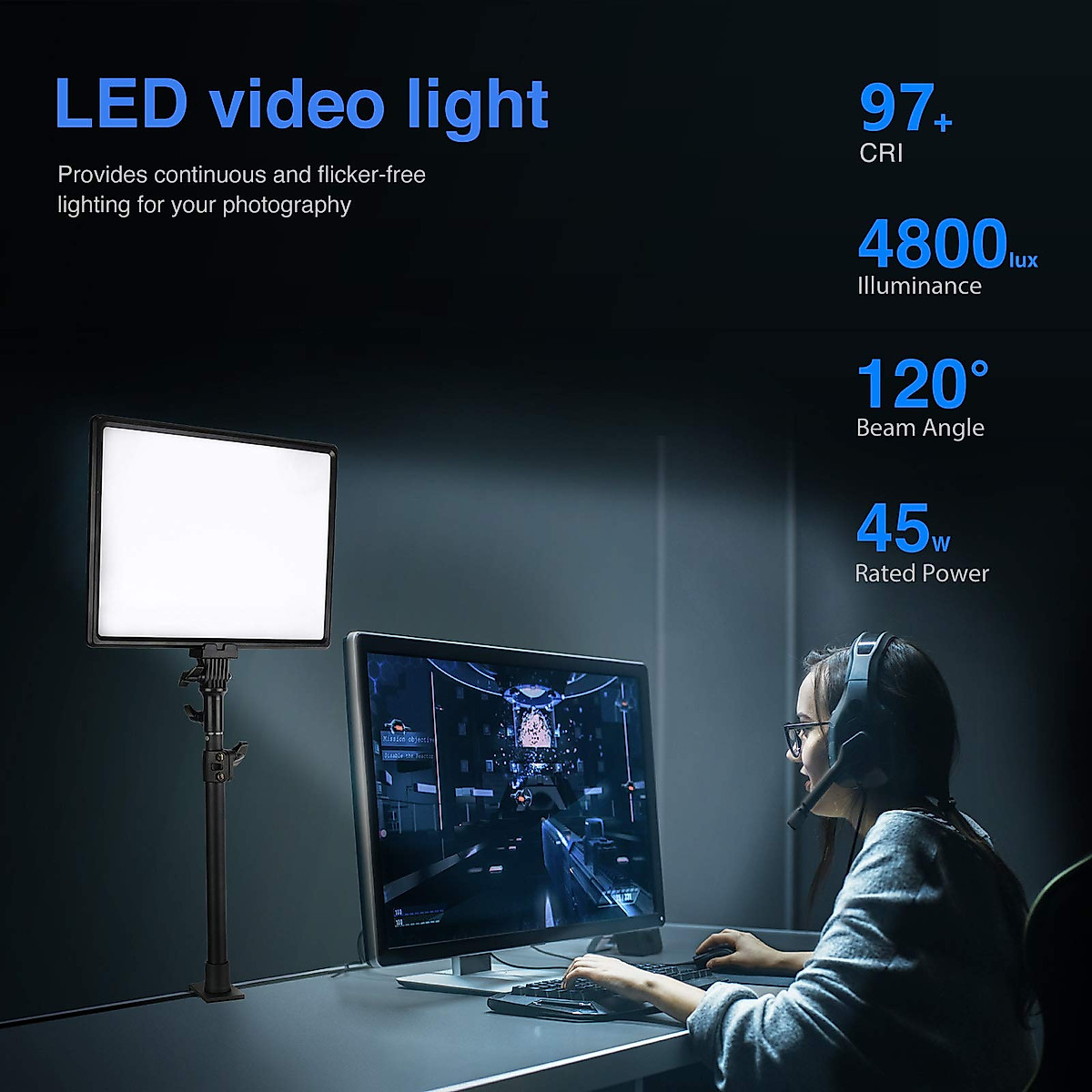 Neewer Desk Mount LED Video Light with C-clamp Stand and 2.4G Remote Kit: Dimmable Bi-Color 18" LED Panel 3200K-5600K 45W 4800Lux CRI 97+ Light for Photography YouTube Game Video Shooting Live Stream