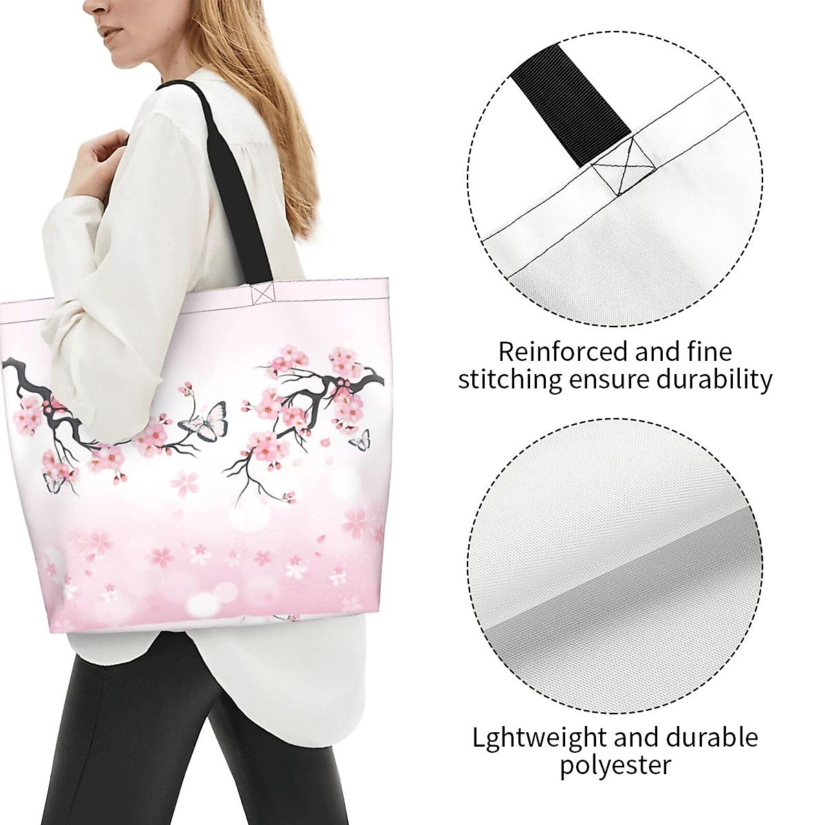 Dixmavly Cherry Blossoms Women'S Tote Bag Beach Bag Waterproof Tote Bag Reusable Shopping Bag Travel Gym Shopping