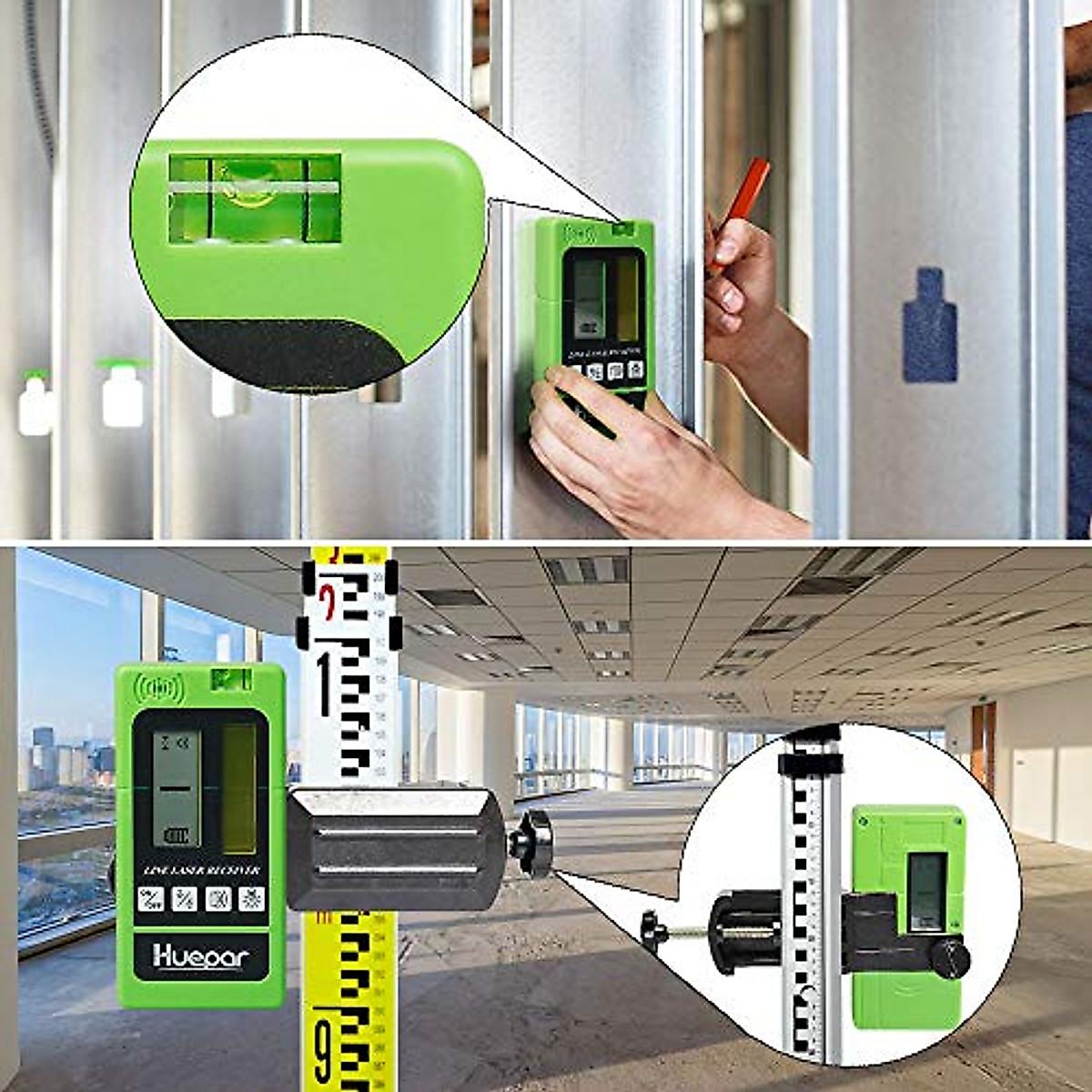 Huepar LR-5RG Laser Detector for Laser Level - Green and Red Beam Receiver for Use with Pulsing Line Lasers, Two-Sided Back-lit LCD Displays, Automatic Shut-Off Timer, Clamp Included
