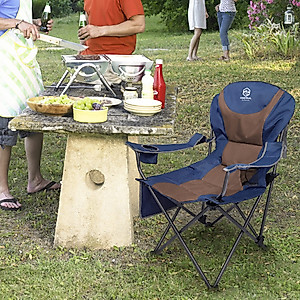 Coastrail Outdoor Reclining Camping Chair 3 Position Folding Lawn Chair for Adults Padded Comfort Camp Chair with Cup Holders, Head Bag and Side Pockets, Supports 350lbs, Blue&Brown