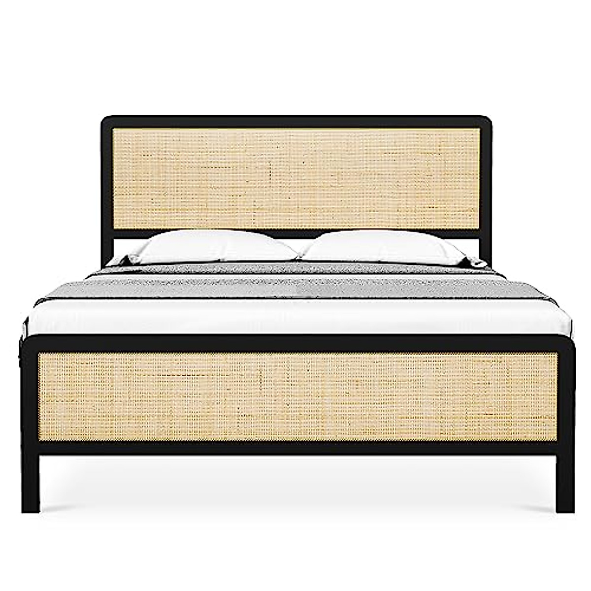 Alkmaar Queen Size Metal Bed Frame with Rattan Headboard and Footboard, Platform Bed Frame with Safe Rounded Corners, Under Bed Storage, Strong Metal Slat Support, No Box Spring Needed