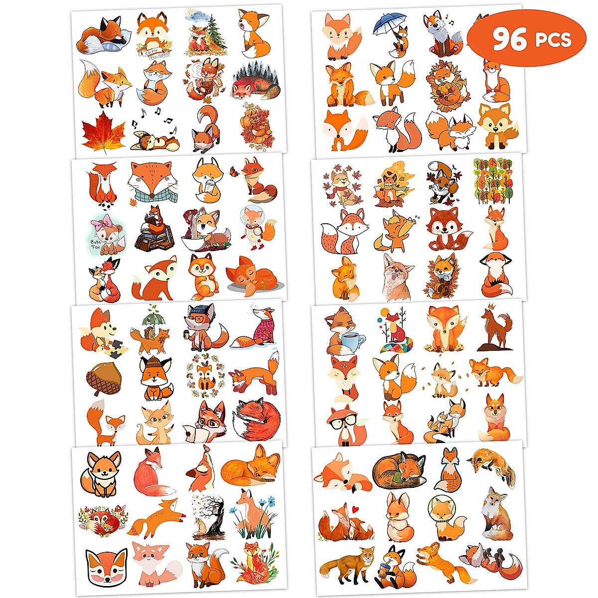 Fox Temporary Tattoos for Kids 96PCS Birthday Party Decorations Supplies Party Favors Supper Cute Tattoo Sticker Style Woodland Fall Gift Boys Girls Prizes Themed