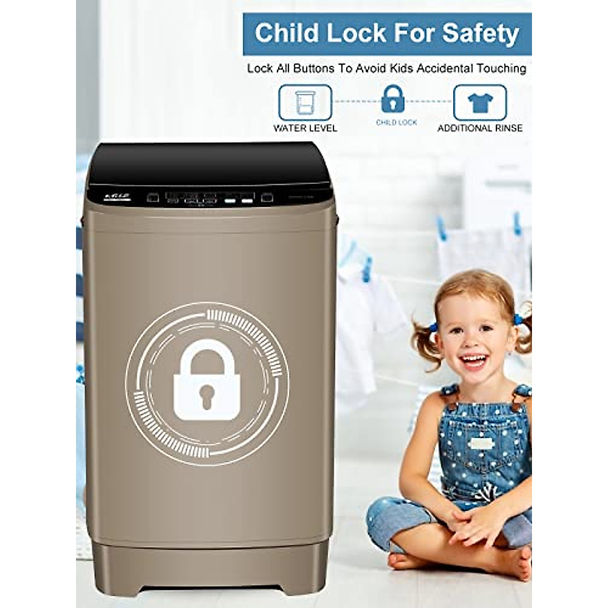 KRIB BLING Full-Automatic Washing Machine 17.7 lbs Small Compact Portable 10 Wash Program & 8 Water Level Compact Washer with LED Display Ideal for Apartments, RV, Camping, Gold