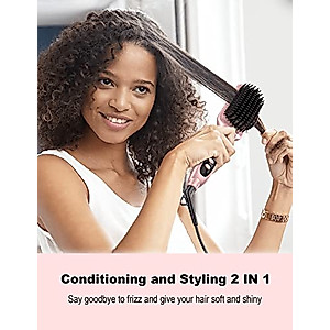 LANDOT Hair Straightener Brush Heated Straightening Brush: Negative Ion Hot Hair Brush for Smooth Frizz-Free Hair - Ceramic Flat Iron Brush - Dual Voltage Fast Heating Rose Gold