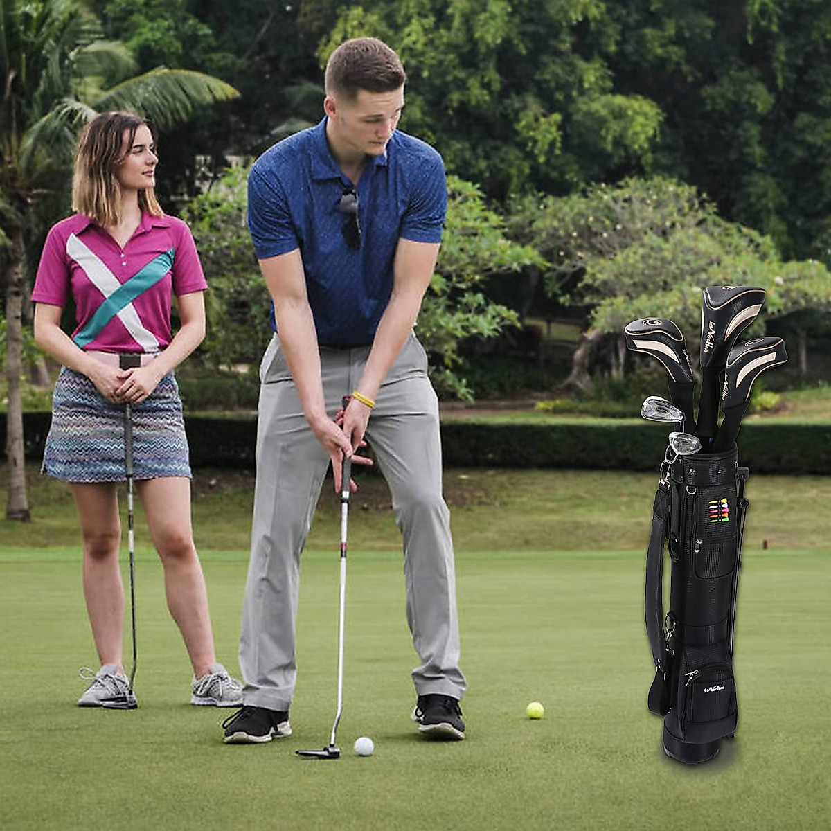 LONGCHAO Golf Head Covers 3pcs Set, Driver Fairway Wood Headcovers, Vintage PU Headcovers for Golf Club (golden-black)