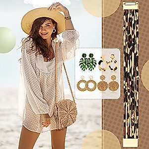 Beach Purse Earrings Set Straw Shoulder Bag Vacation Beach Purse with 4 Rattan Boho Tropical Earrings Leopard Bracelet Kit (Dark Color Round)