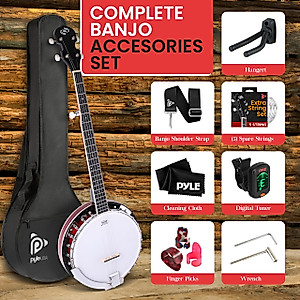 Pyle Banjo Kit with Remo Head and Sapele Resonator, 39" Full Size Traditional Open or Closed Back 5 String Instrument with 24 Brackets, Geared 5th Tuner, Premium Accessory Kit (Red Burst)