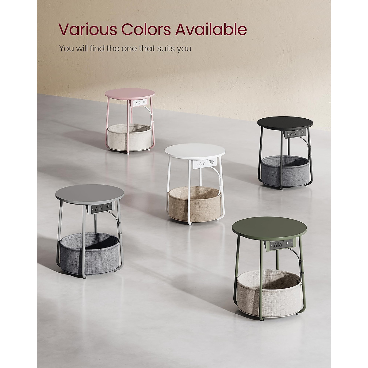 VASAGLE Side Table with Charging Station, Round End Table With Fabric Basket, Nightstand with Power Outlets USB Ports, for Living Room, Bedroom, Modern, Matte White and Camel Brown ULET228W01