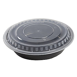 AmerCare 9 Inch Round Black Plastic Containers with Lids, 48 Ounces for Microwave or Freezer, Pack of 150