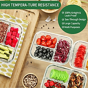 Skroam 5-Packs 36OZ Glass Airtight Food Storage Containers 3 Compartments, Glass Meal Prep Container Set with Lids for Pantry Kitchen Organizers and Storage, BPA Free Glass Lunch Boxes Bento