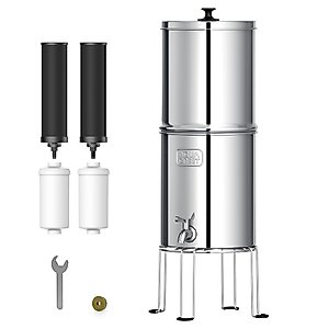 AQUA CREST Gravity Water Filter System, 304 Stainless Steel Countertop System with 4 Filters and Anti-Slip Stand, Reduce Fluoride and Chlorine, 2.25G, for Home, Camping, RVing, Off-Grid, Emergencies