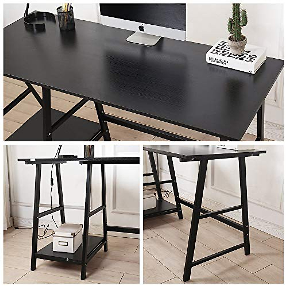 Computer Desk with Storage Shelves/Keyboard Tray/Monitor Stand Desk with Bookshelf Easy Assemble Study Table for Home Office (Brown) (Black)