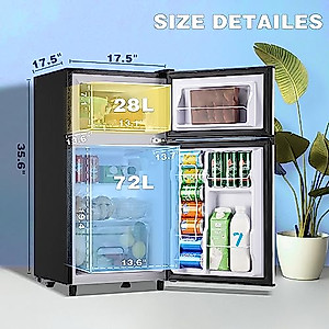 WANAI Mini Fridge with Freezer 3.5 Cu.Ft Double Door Compact Refrigerator with Freezer-on-Top Small Freestanding Fridge with 7 Level Adjustable Thermostat Bedroom Dorm Office, Kitchen Apartment Silver
