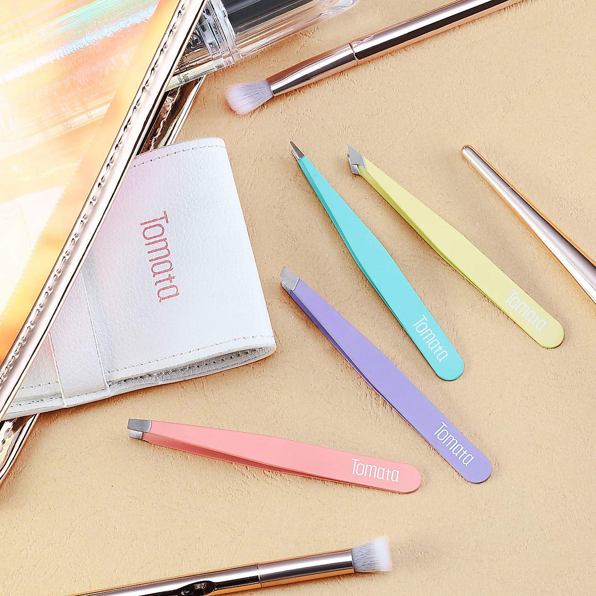 Tweezers for Eyebrows, Slant Tip and Pointed Eyebrow Tweezer Set Great Precision for Eyebrows Facial Hair, Ingrown Hair, Splinter, Blackhead and Tick Remover (4-piece) (Multi-color)