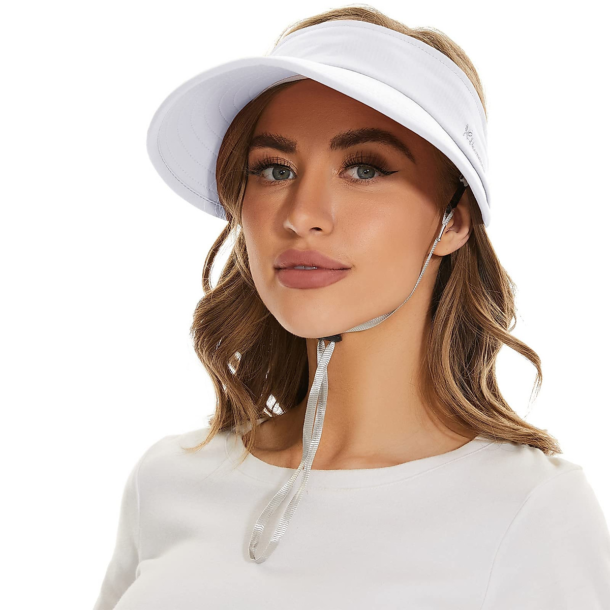 Sun Hat Womens Summer Beach Hats Wide Brim Packable Sun Visor with UV Protection Golf Hat with Ponytail Hole White Sunhat Cap