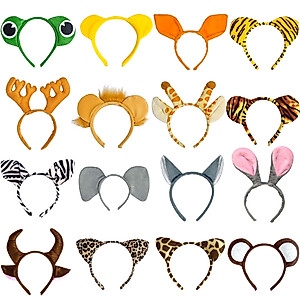 Flying Childhood 16Pcs Jungle Animal Ears Headbands as Safari Party Favors Wild One Birthday Decorations Plush Animal Headpiece for Kids Adults
