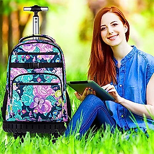 Rolling Backpack for Girls, 21 Inch Water Resistant Flowers Butterfly Bookbag with Roller Wheels, Elementary Wheeled Backpacks for Teens Students School Travel
