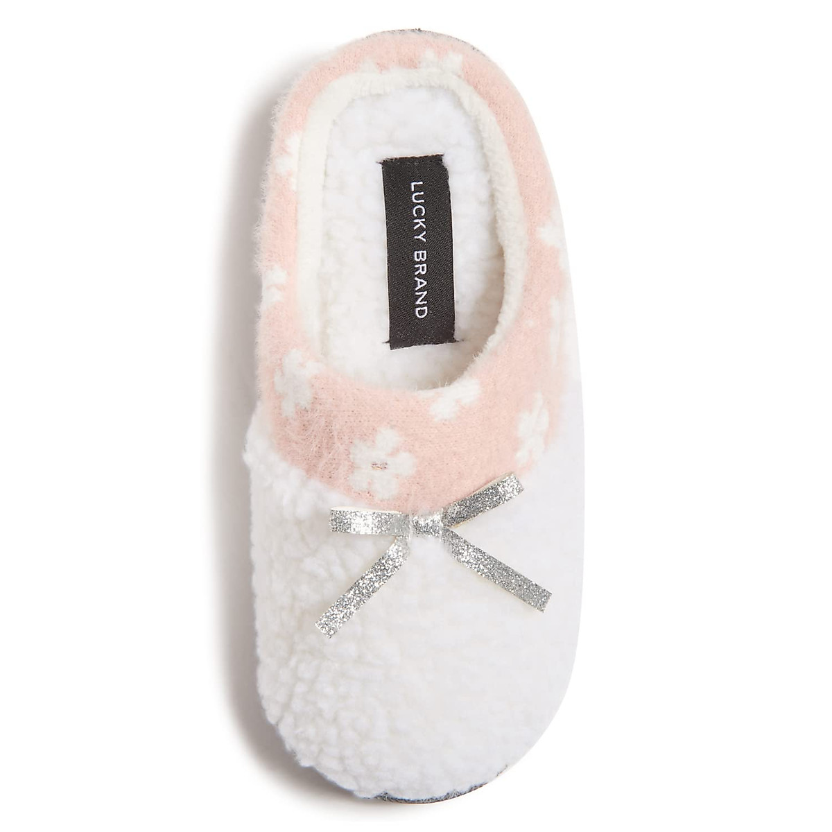 Lucky Brand Little Girls Floral Collar Bow Sherpa Clog Slippers, Kids Fuzzy Cozy Warm Slip On Bedroom Slipper House Shoes, Pink, Size 2-3