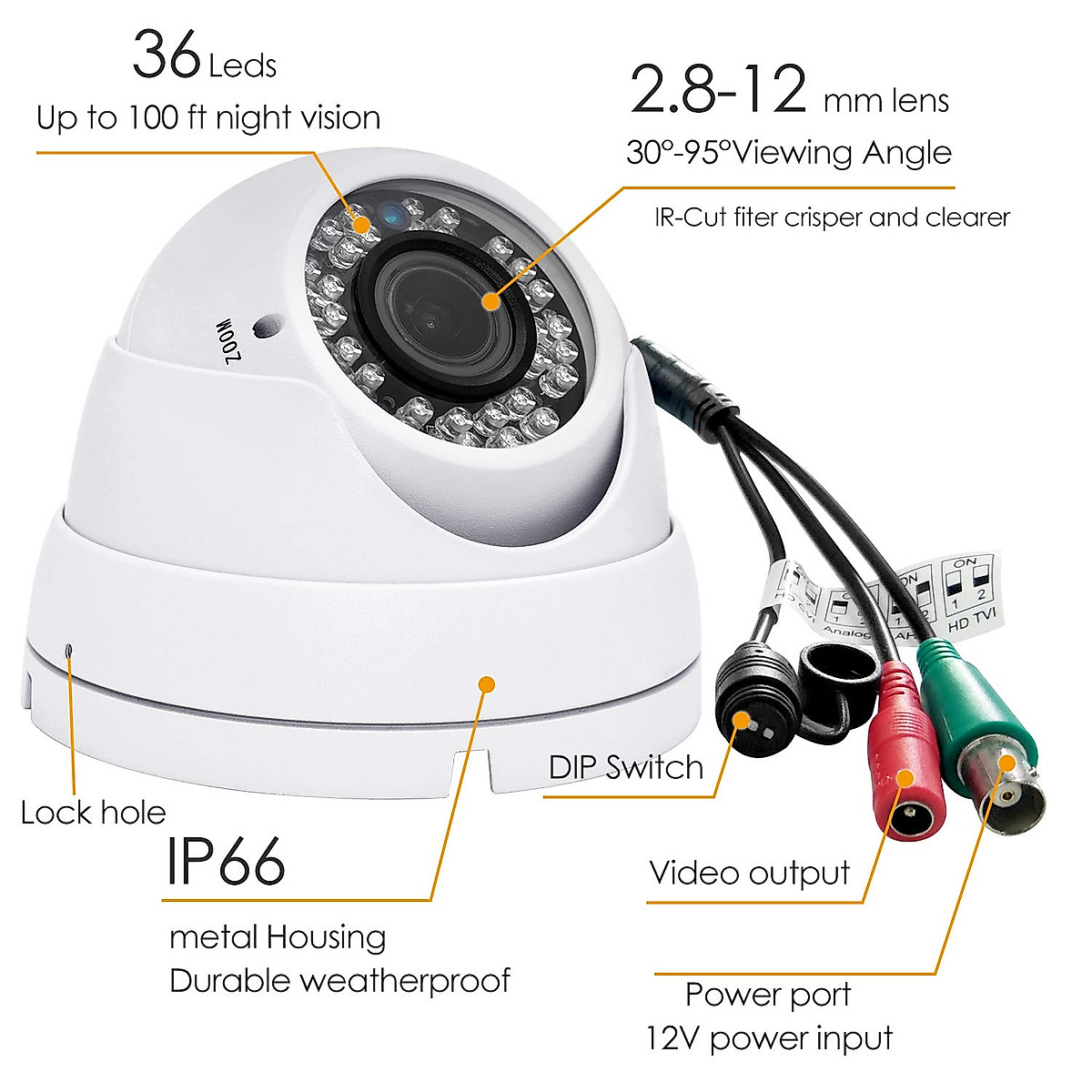 Analog CCTV Camera HD 1080P 4-in-1 (TVI/AHD/CVI/CVBS) Security Dome Camera Outdoor, 2.8mm-12mm Manual Focus/Zoom Varifocal Lens, Weatherproof Metal Housing 36 IR-LEDs Day & Night Monitoring (White)