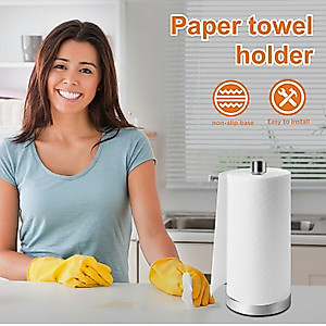 Stainless Steel Silver Paper Towel Holder Designed for Easy One-Handed Operation - This Sturdy Weighted Paper Towel Dispenser Countertop Model Has Suction Cups and Holds All Paper Towel Rolls
