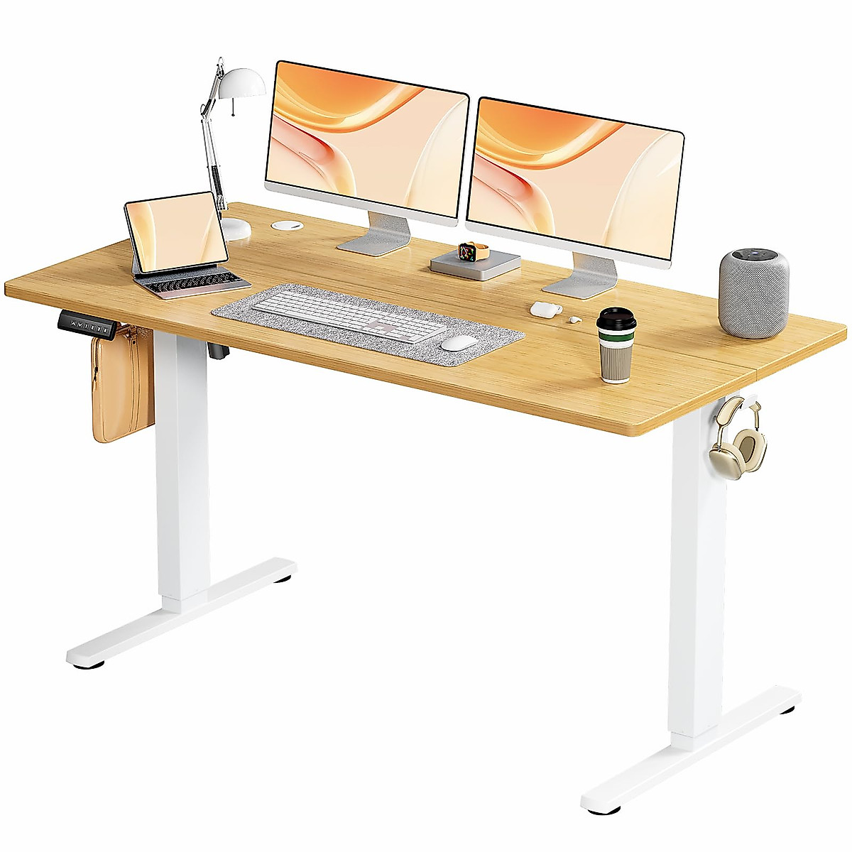 Sweetcrispy Standing Desk, Stand Up Desk, Electric Standing Desk with Splice Board, 55 x 24in Ergonomic Height Adjustable Desk Sit to Stand Desk, Computer Workstation Home Office Desk-Natural